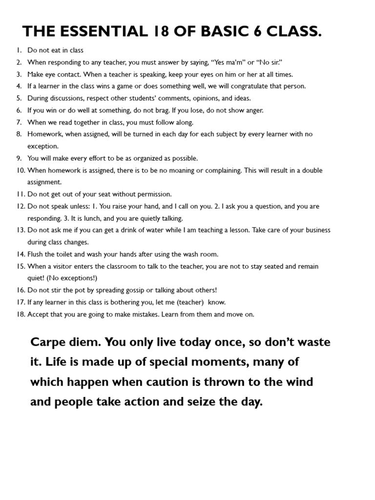 Classroom Rules of Basic 6 | PDF