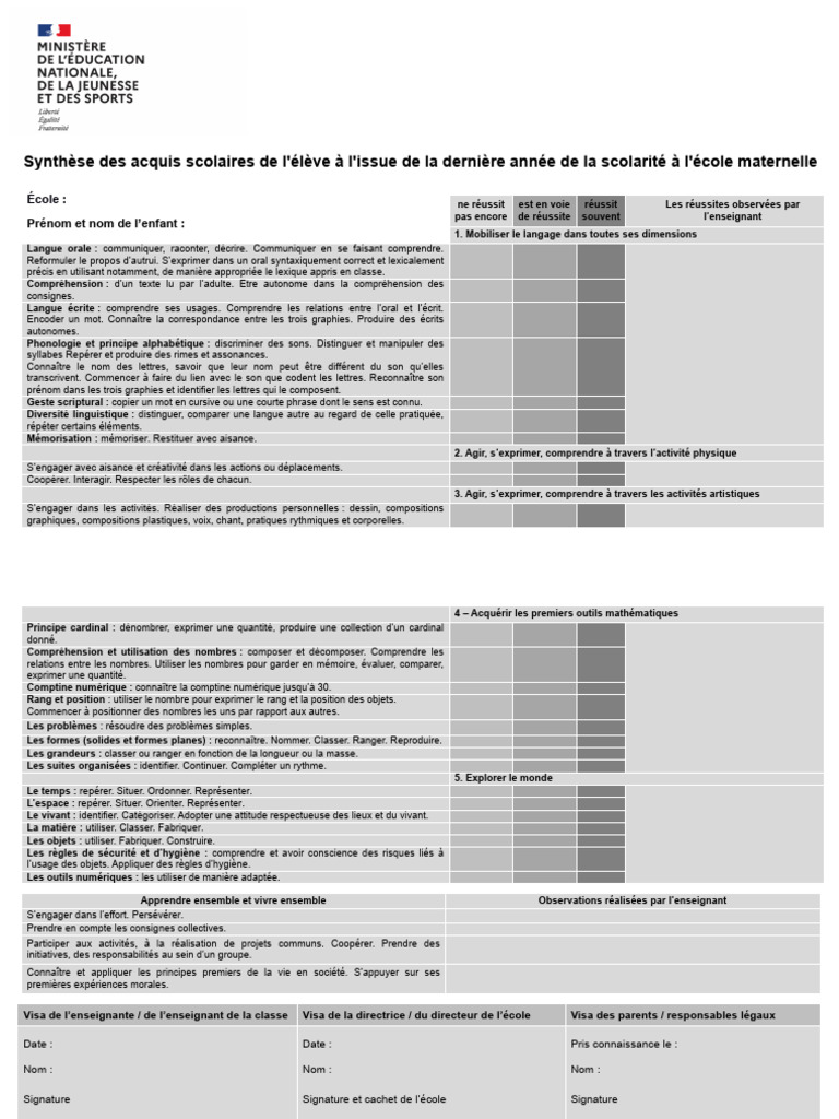 Synthese Des Acquis Fin GS 2022 Noir Et Blanc | PDF