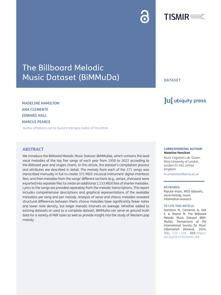 2024 Hamilton The Billboard Melodic Music Dataset BiMMuDa QMUL | PDF
