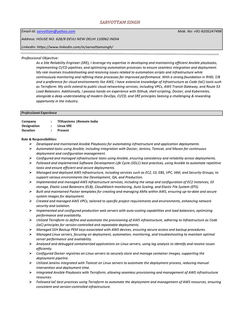 Linux SRE Resume Sarvottam | PDF