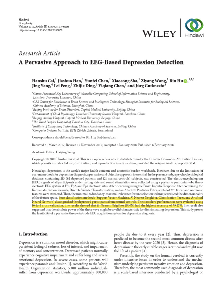 Research Article: A Pervasive Approach To EEG-Based Depression Detection | PDF