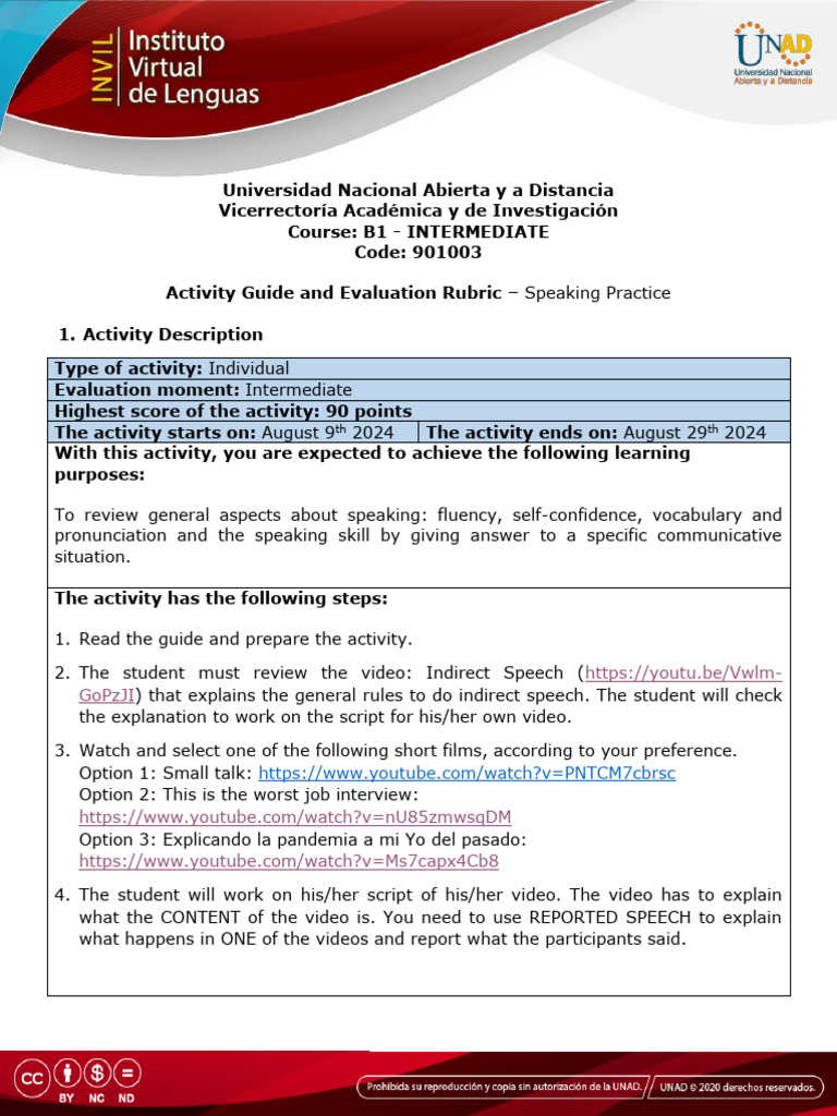 Activity Guide and Evaluation Rubric Speaking Practice 1 | PDF