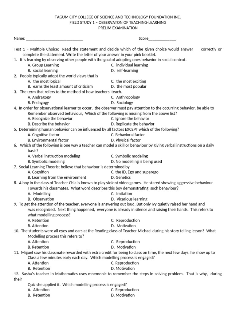 FS 1 Pre-Lim | PDF | Learning | Reinforcement