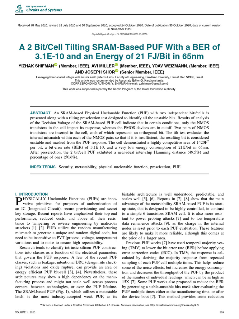 A 2 Bit Cell Tilting SRAM-Based PUF With A BER of 3.1E-10 and An Energy ...