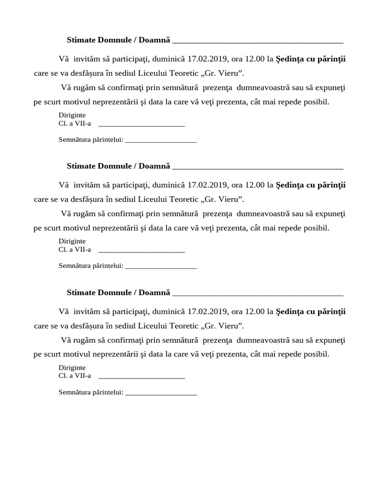 Invitatie Sedinta Cu Parintii | PDF