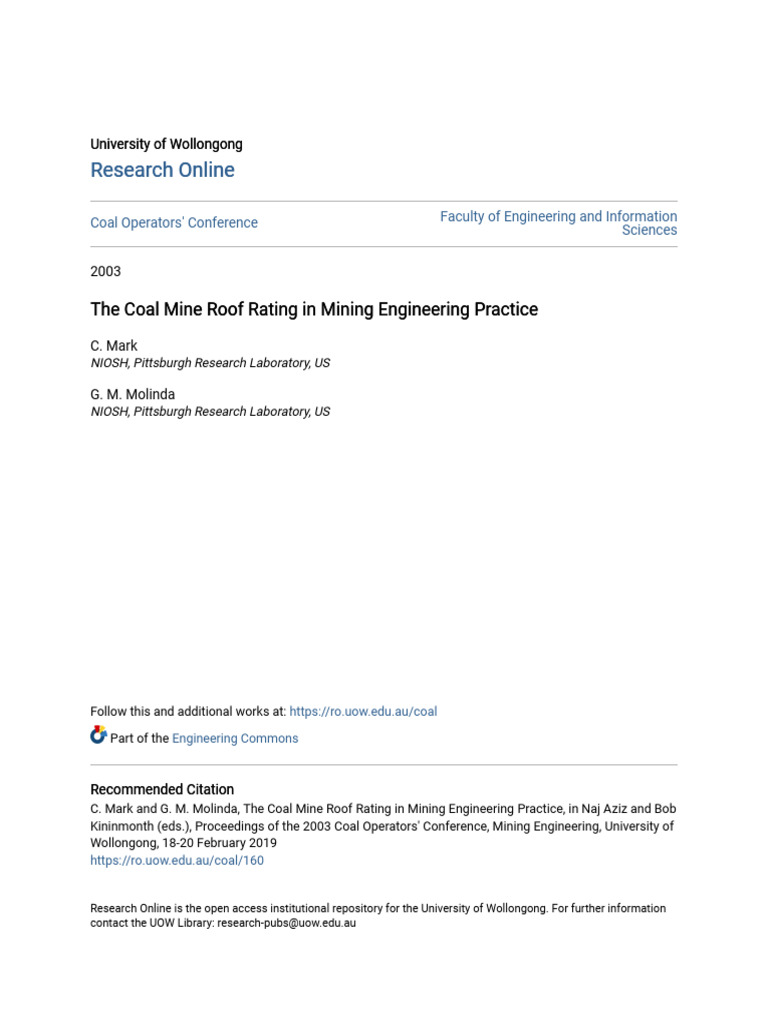 The Coal Mine Roof Rating in Mining Engineering Practice | PDF