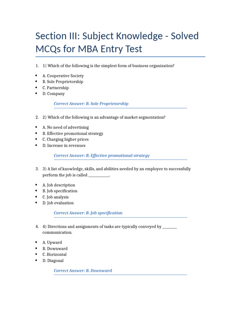 Section III Solved MCQs MBA Entry Test Complete 100 | PDF | Income ...