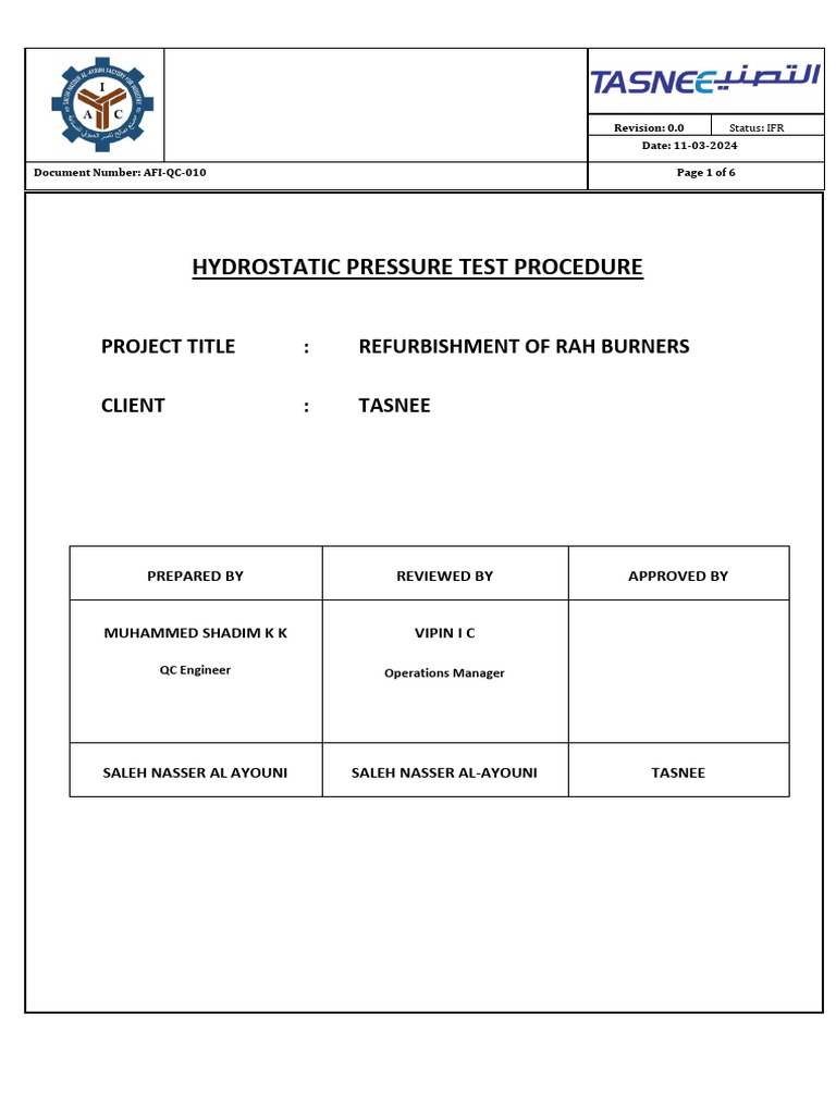 Hydrostatic Pressure Test Procedure | PDF