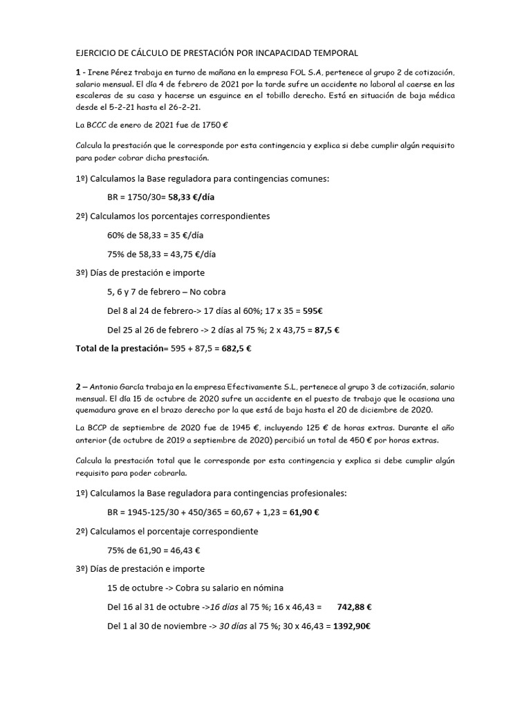 3 - EJERCICIOS Resueltos DE CÁLCULO DE PRESTACIÓN POR INCAPACIDAD TEMPORAL 2 | PDF