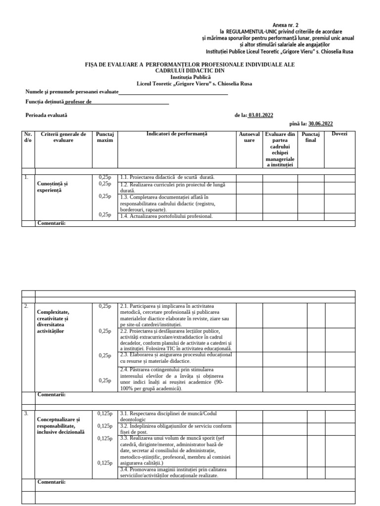 Fisa de Evaluare (Performanțe) | PDF