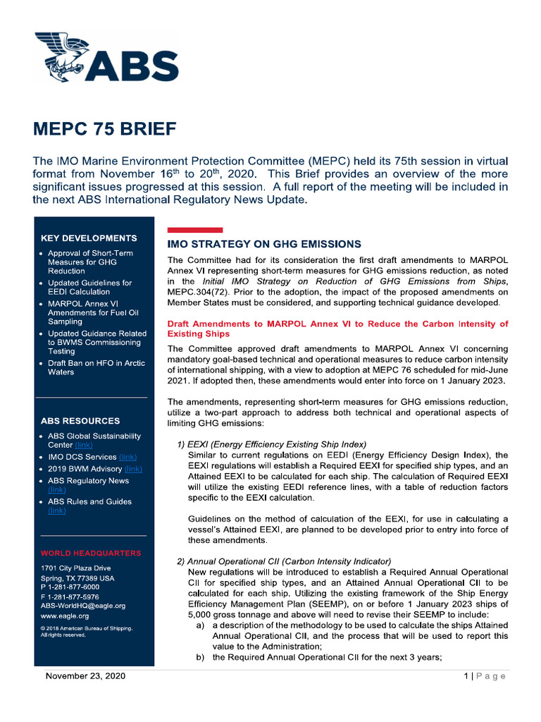 MEPC 75 Brief - IMO STRATEGY ON GHG EMISSIONS | PDF