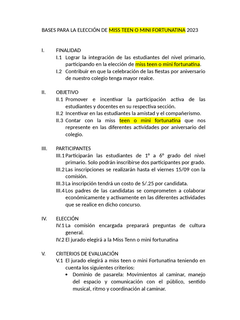 Bases para La Elección de Miss Teen o Mini Fortunatina 2023 | PDF