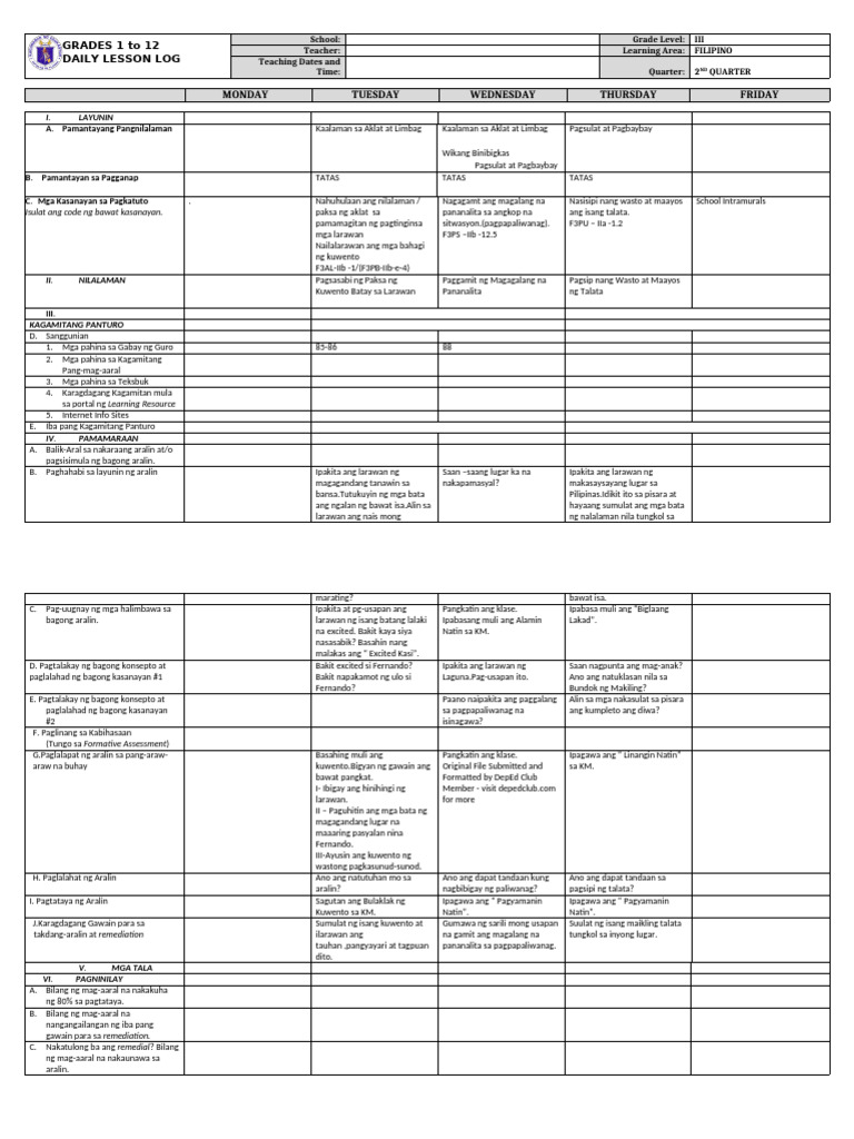 DLL - Filipino 3 - Q2 - W2 | PDF