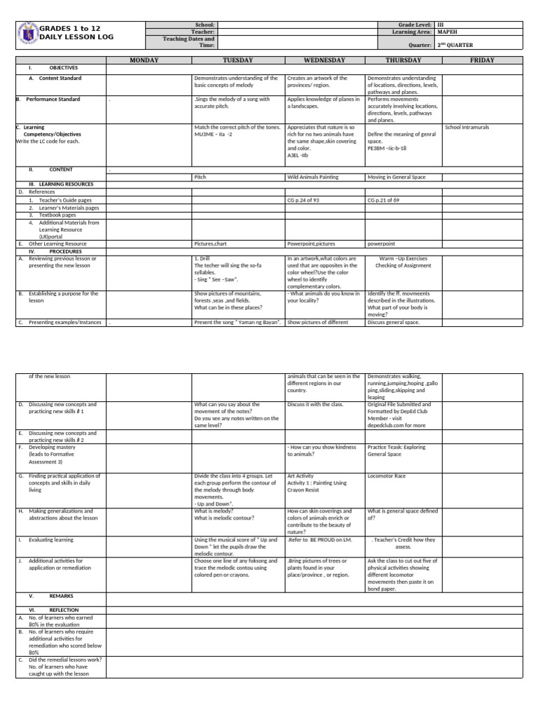 DLL - Mapeh 3 - Q2 - W2 | PDF