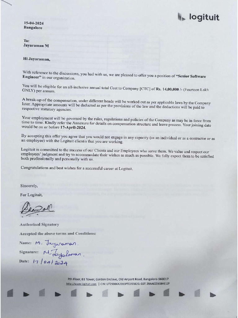Logituit Offer Letter | PDF