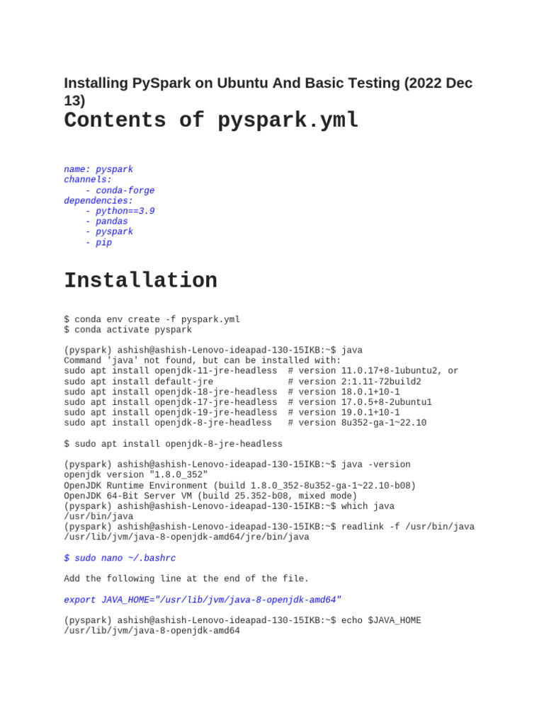 Installing PySpark On Ubuntu and Basic Testing (2022 Dec 13) | PDF