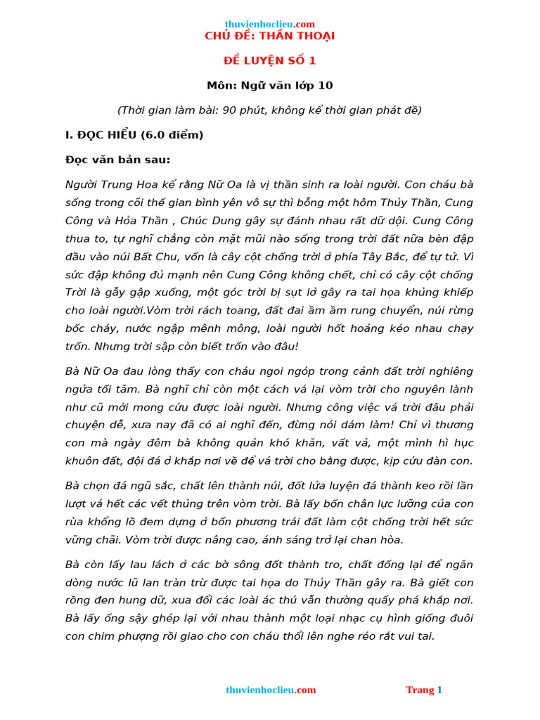 Thuvienhoclieu.com Bo de Luyen Doc Hieu Viet Van 10 Phan Than Thoai Co Dap An | PDF