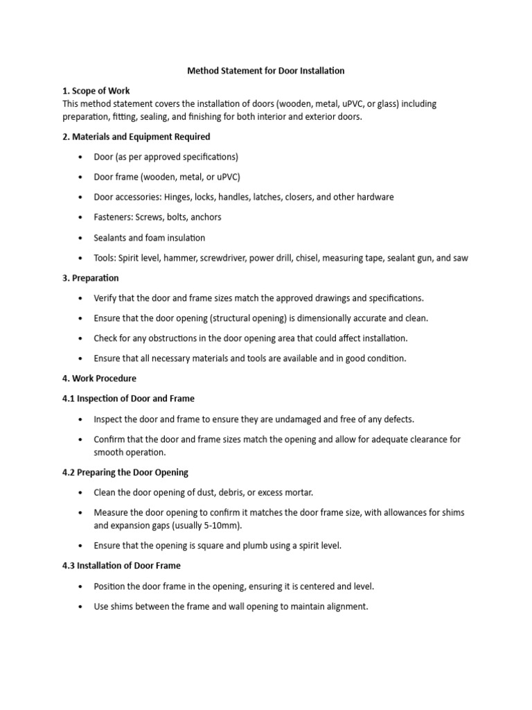 Door Installation Method Statement | PDF | Door | Home & Garden