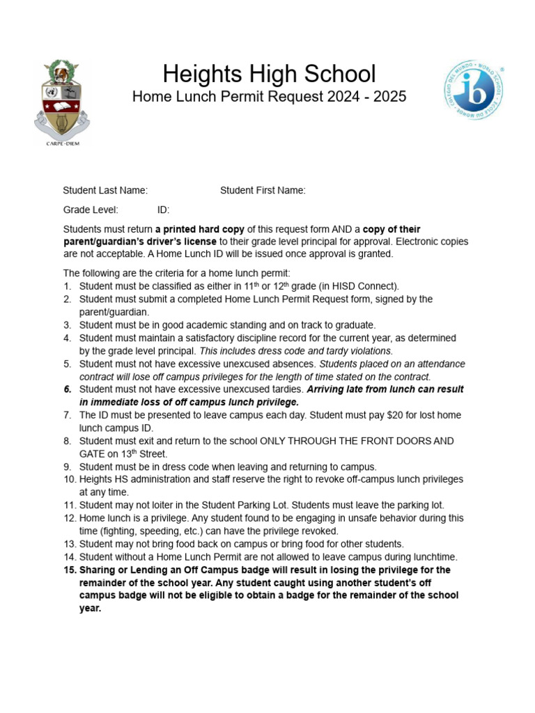 Home Lunch Form 2024 - 25 | PDF