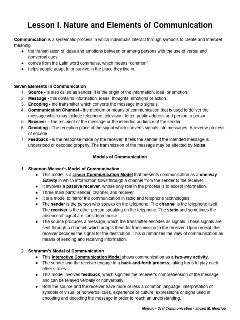 Handout 1 - Nature and Elements of Communication | PDF