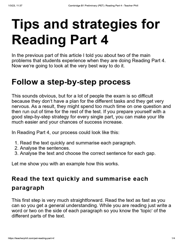 Cambridge B1 Preliminary (PET) - Reading Part 4 - Teacher Phill | PDF