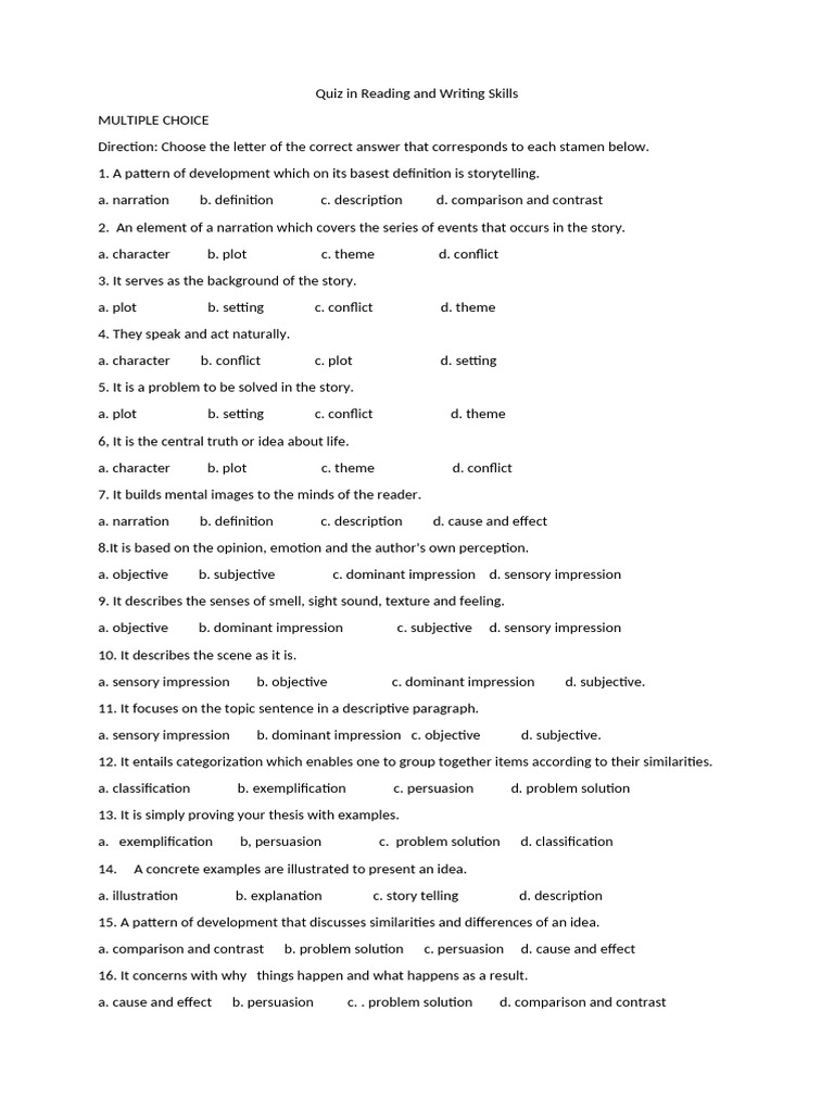 Quiz in Reading and Writing Skills | PDF | Perception | Narration