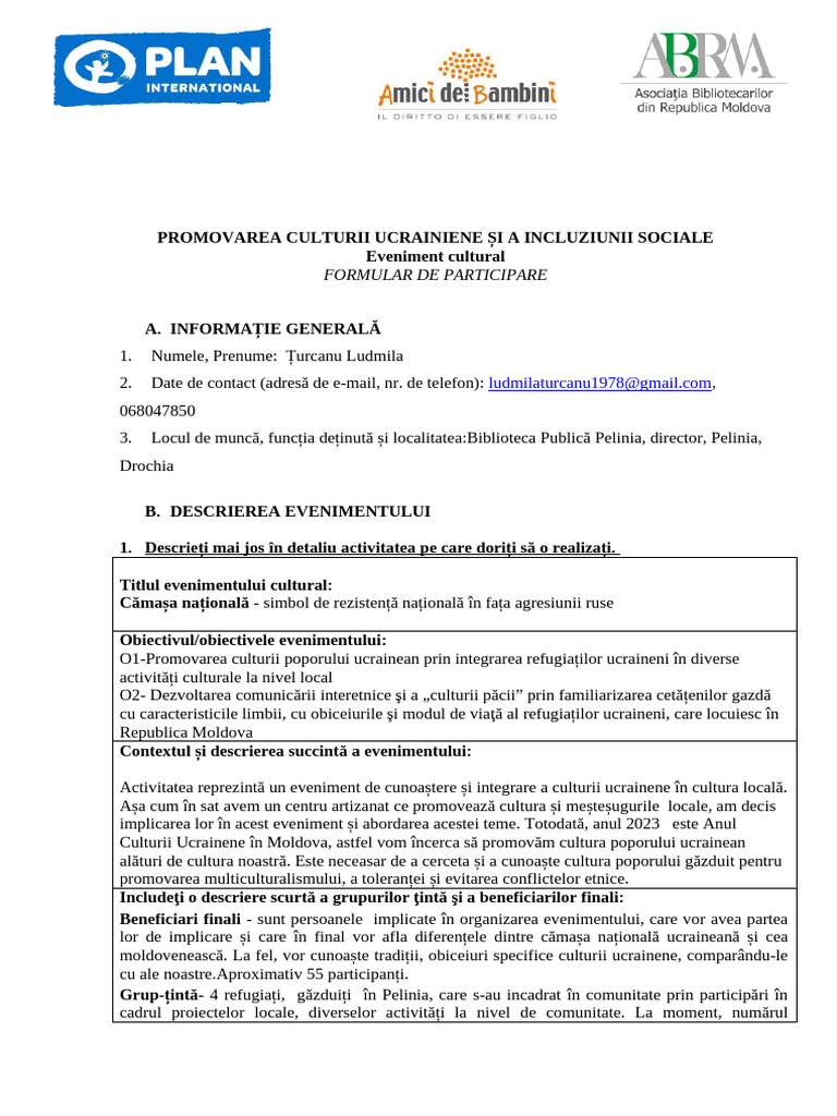 2023 - Formular - Eveniment - Cultural Pelinia | PDF