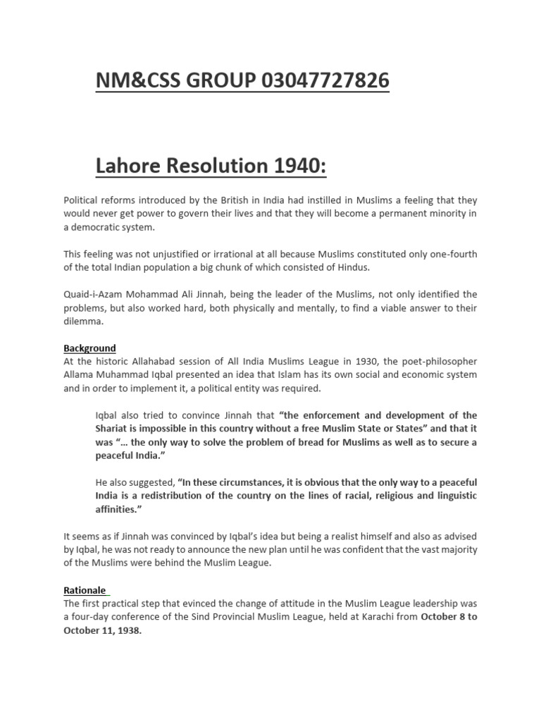 Pre Lahore Resolution 1940 | PDF