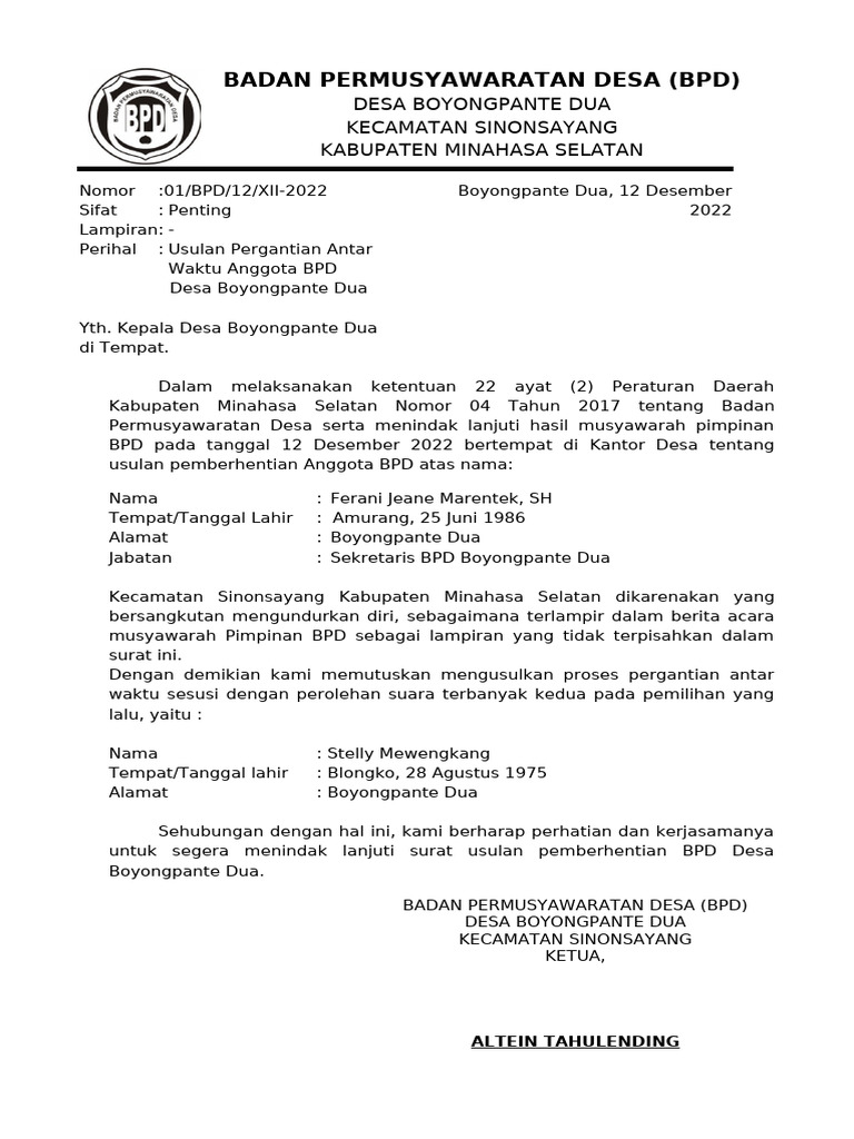 Contoh - Surat Pemberhentian BPD (Dari BPD) | PDF
