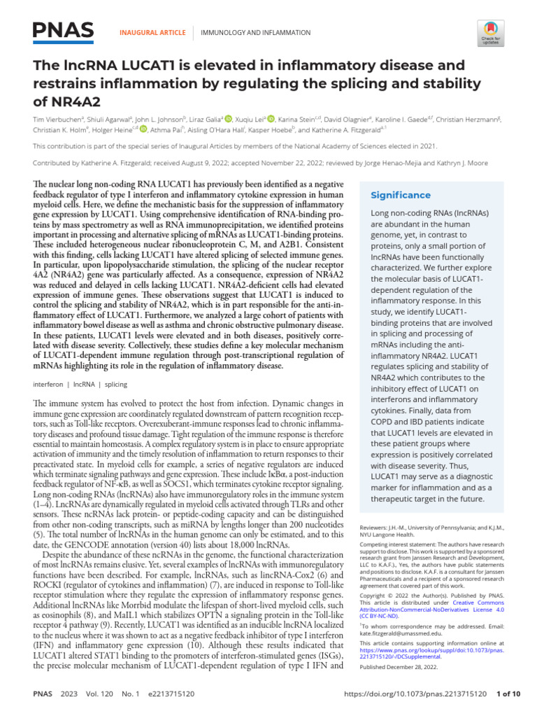 Vierbuchen Et Al 2022 The Lncrna Lucat1 Is Elevated in Inflammatory ...