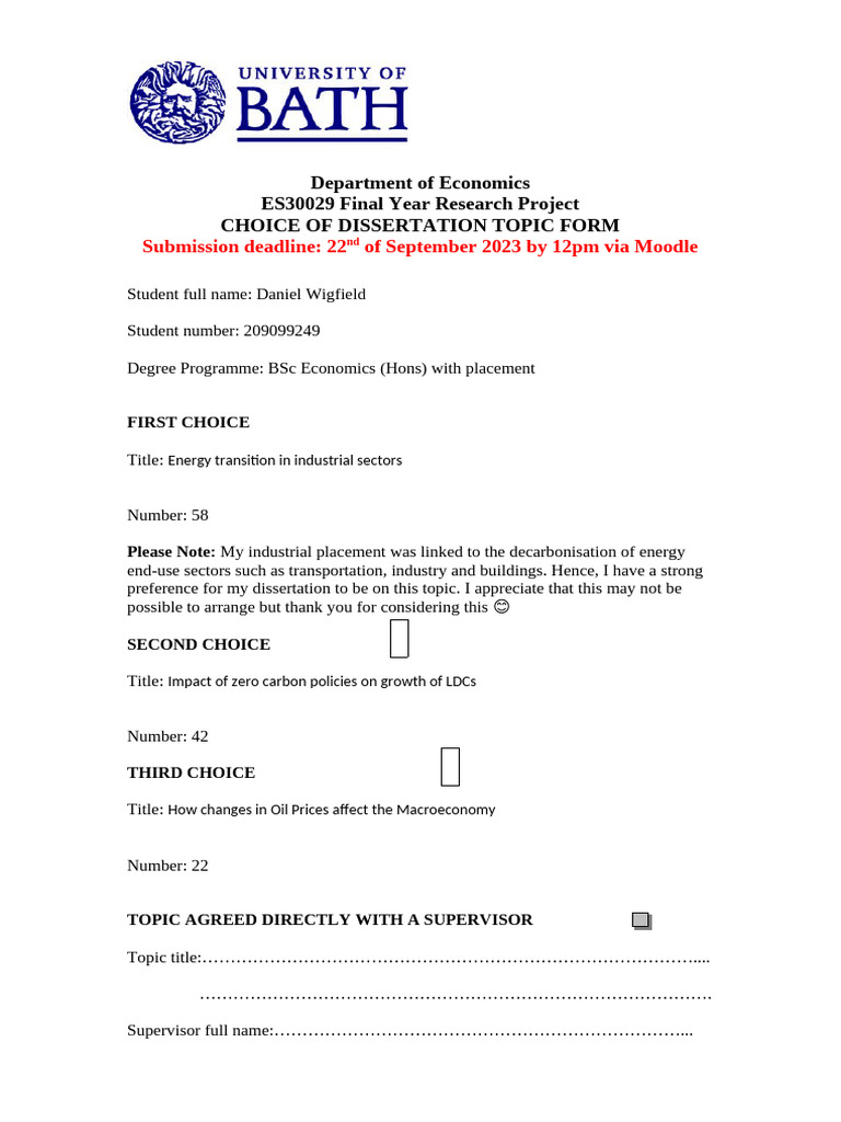 ES30029 Topic Choice Form 2023-24 - Daniel Wigfield | PDF