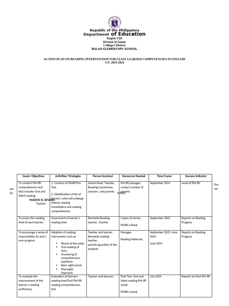 Action Plan Reading 1 | PDF