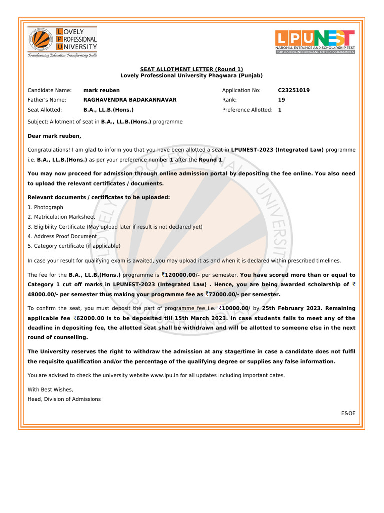 Allotment Letter C23251019 | PDF