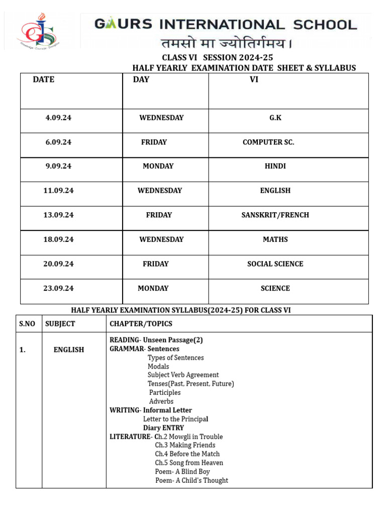 Class Vi Half Yearly Date Sheet and Syllabus 202425 | PDF