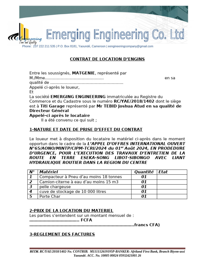 contrat de location d'engins | PDF
