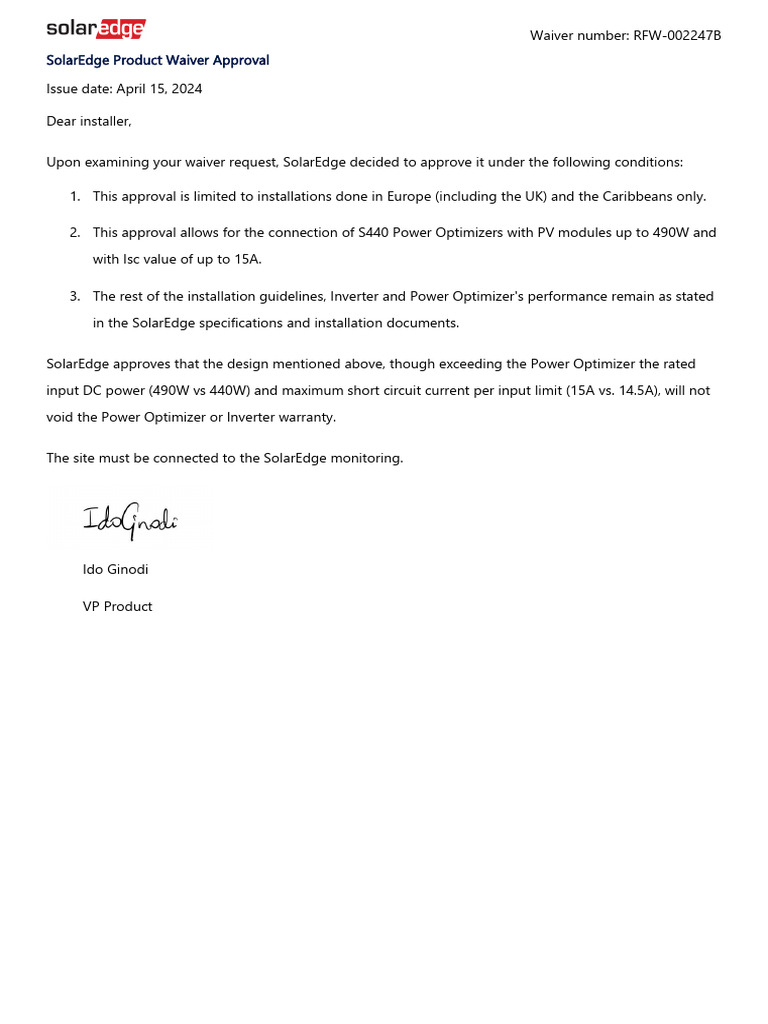 SolarEdge - S440 - Waiver RFW-002247B | PDF