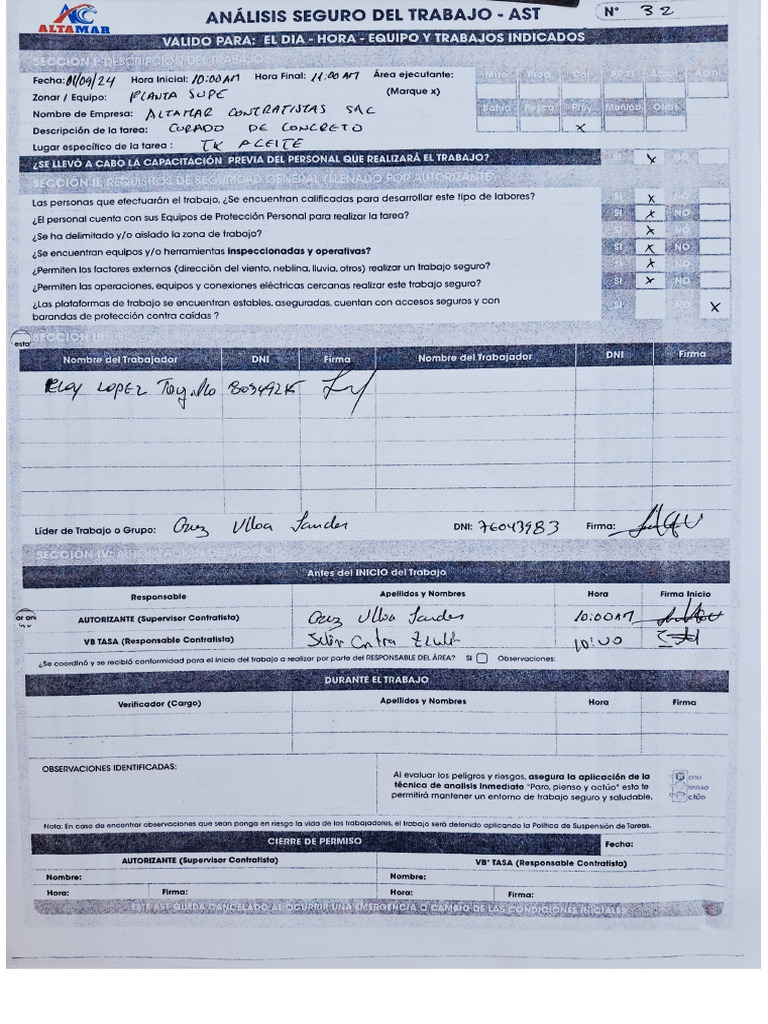 ALTAMAR CONTRATISTAS SAC, Llenado de PTS Y AST-2 | PDF