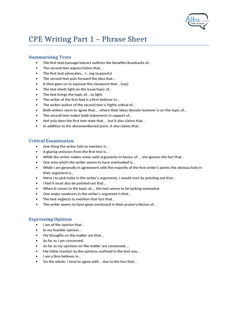 Cpe Writing Part 1 Phrase Sheet | PDF
