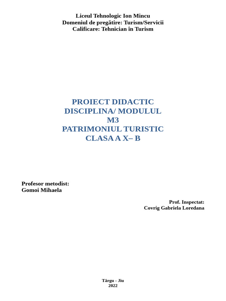 Proiect de Lecție - Patrimoniul Turistic - Patrimoniul Turistic Antropic | PDF