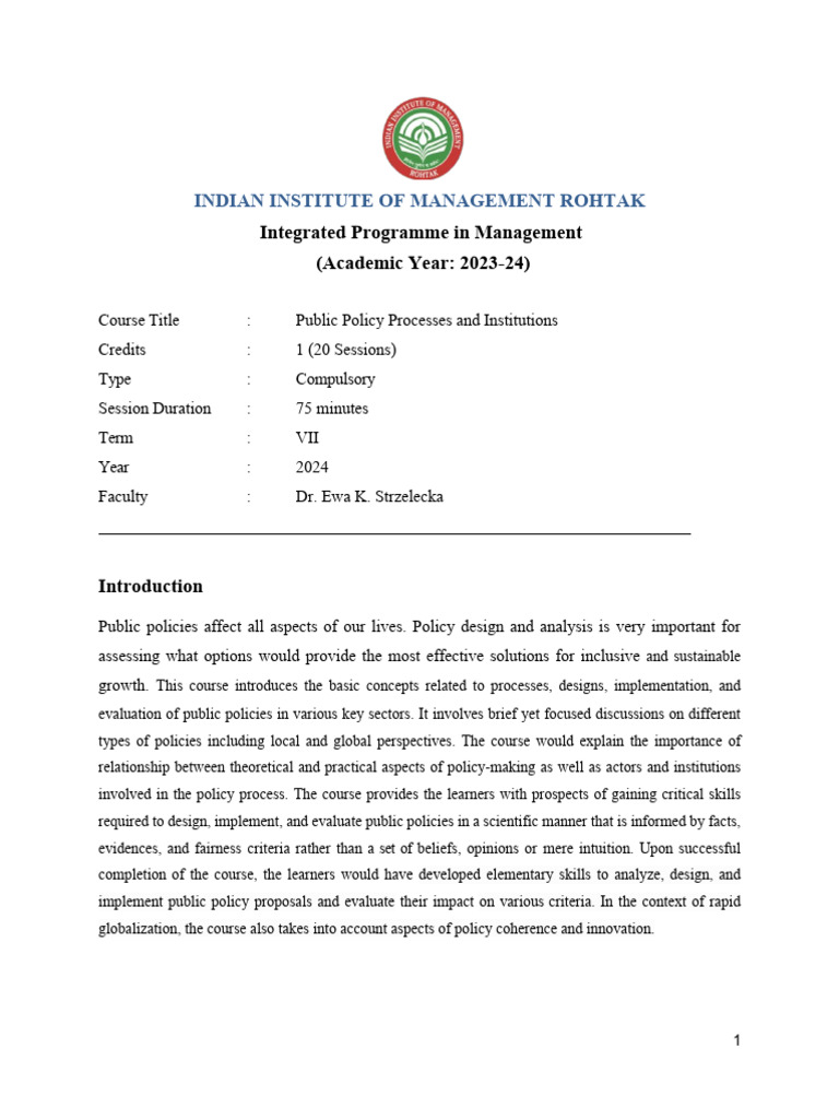IIM - R - Course Structure - Public Policy Processes Institutions | PDF