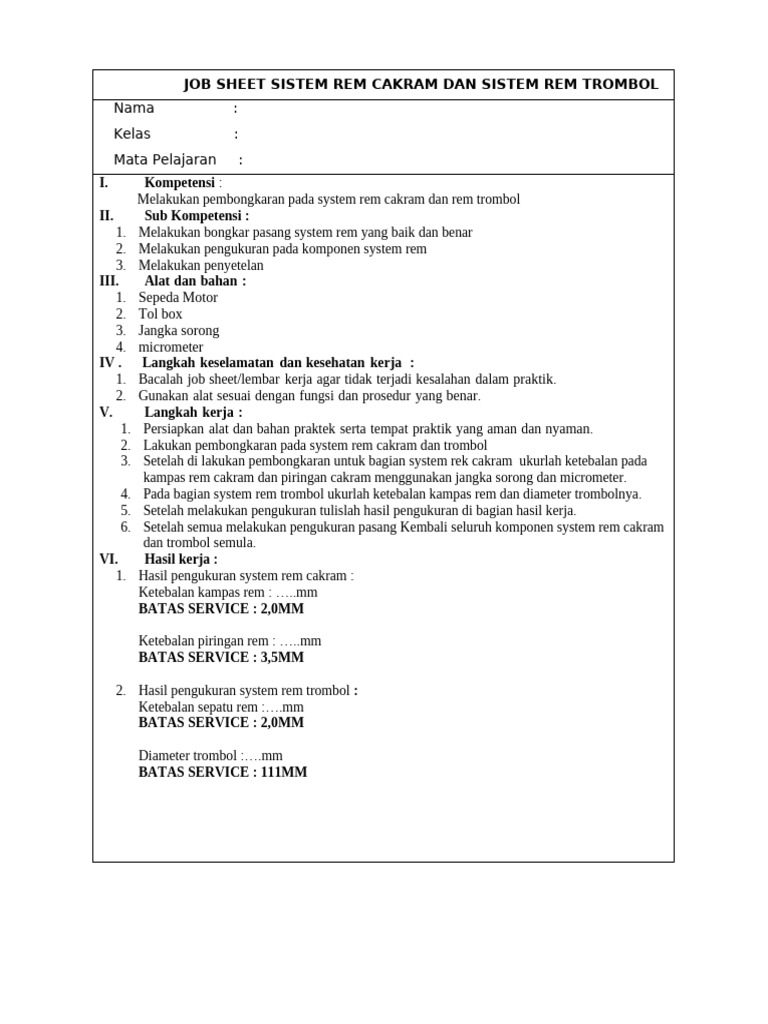 Jobsheet Sistem Rem | PDF