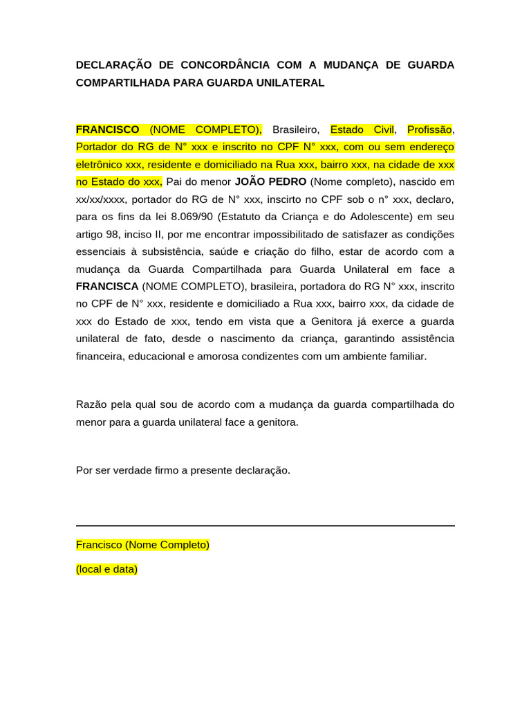 Declaração de Concordância Com A Mudança de Guarda Compartilhada para ...