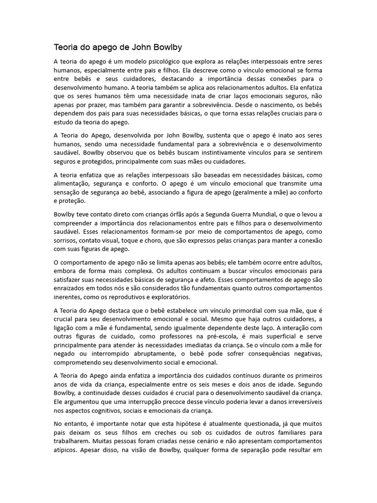 Teoria Do Apego de John Bowlby | PDF | Teoria do Apego | Autoajuda