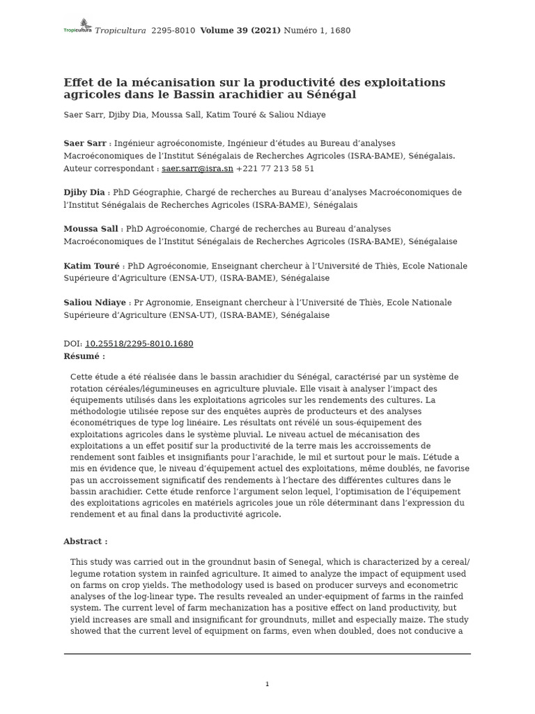 Effet De La Mcanisation Sur La Productivit Des Exploitations Agricoles
