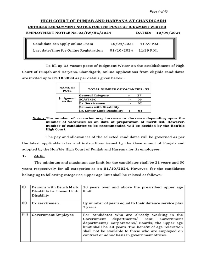 Punjab and Haryana High Court Judgement Writer Recruitment 2024 ...