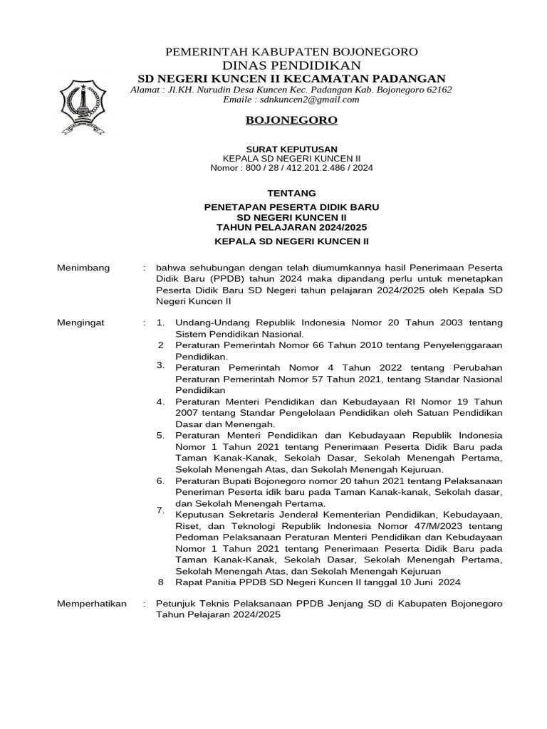 @format - SK Penetapan PPDB Tahun Ajaran 2024-2025 | PDF