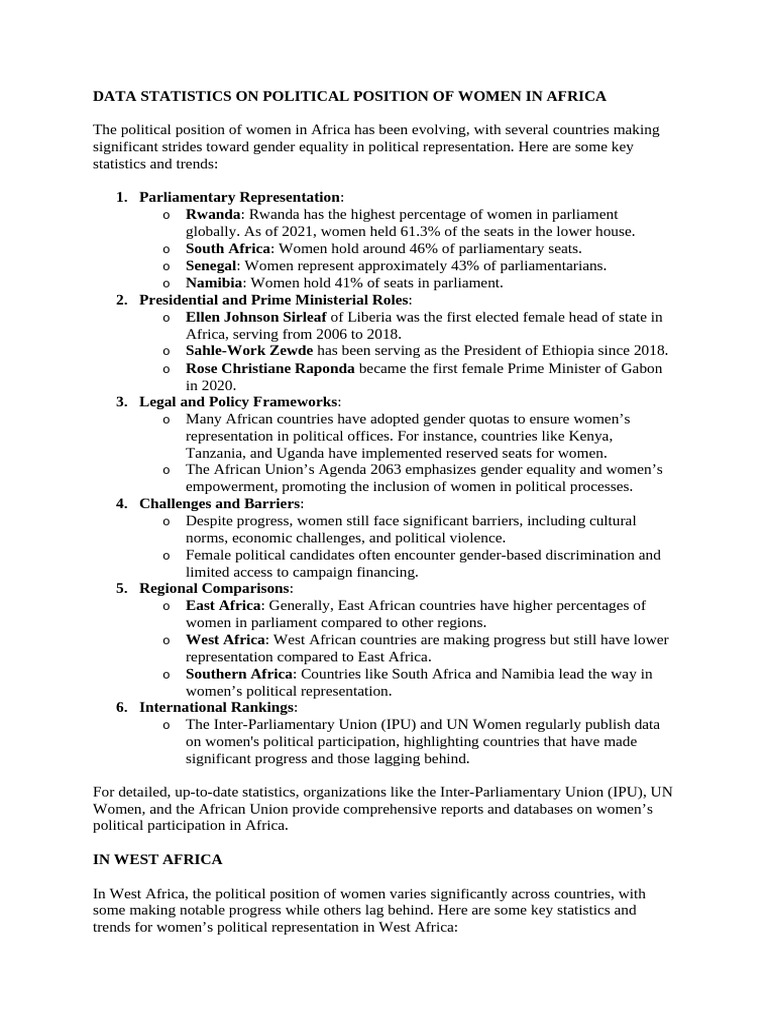 Data Statistics On Political Position of Women in Africa | PDF