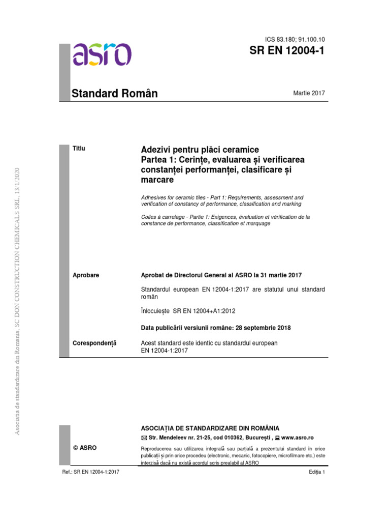 SR en 12004-1 - 2017 Adezivi PT Placari Ceramice. Partea 1. Cerinte ...
