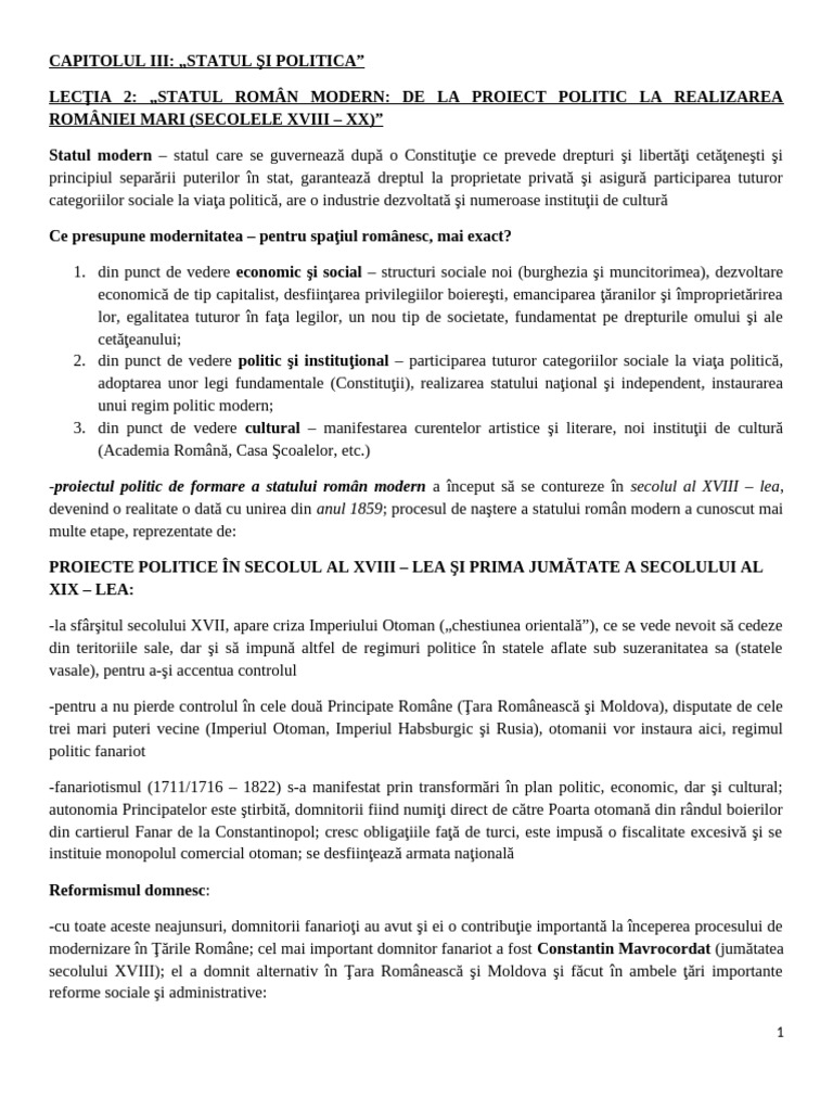 Statul Român Modern-De La Proiect Politic La Realizarea României Mari ...