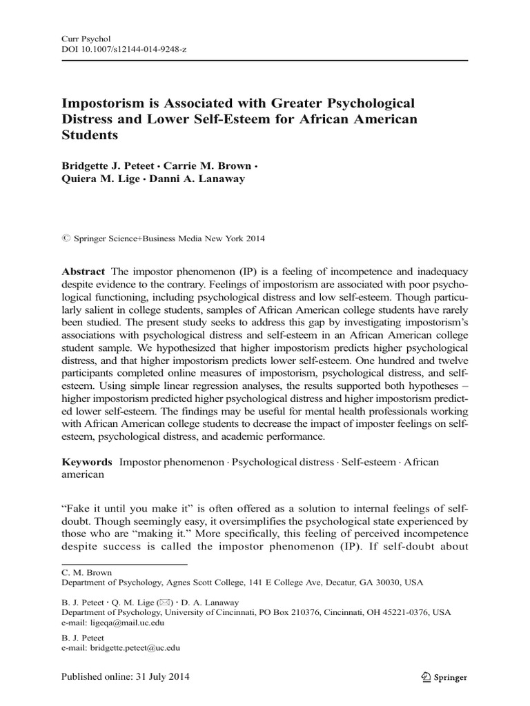 Impostorism Is Associated With Greater Psychological Distress and Lower ...